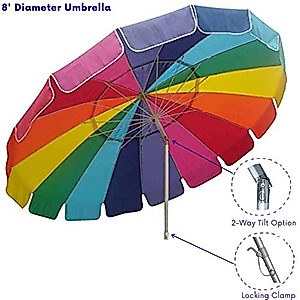 Impact Canopy 8' Beach Umbrella, UV Protected, Vented, Tilt Pole, Sand Anchor, Carry Bag, Rainbow