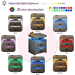 Dystler Nightstand with Charging Station and LED Lights All In One Night Stand with Drawers Bedside Table with USB Port & Outlets and Human Sensor Design Modern End Table for Bedroom Livingroom Office