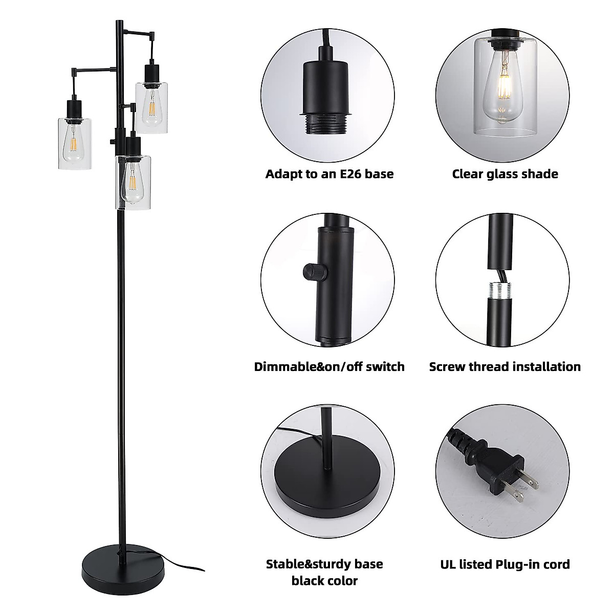 Liylan Dimmable Floor Lamp, Industrial Floor Lamp for Living Room Bedroom, Black 3 Lights Tree Standing Lamp, with On/Off Switch, Clear Glass Shade