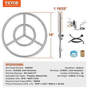 VEVOR 18 inch Round Drop-in Fire Pit Pan, Stainless Steel Fire Pit Burner Kit, Propane Gas Fire Pan with 150,000 BTU for Indoor or Outdoor Use