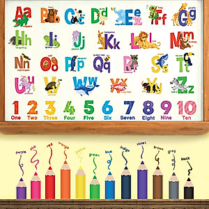 DECOWALL SG3-2316 Alphabet Numbers and Colouring Pencils Wall Stickers Decals Classroom Kids playroom Art Play Room Rainbow ABC Decorations Toddler Color Child Preschool Living Baby Girl Baby boy