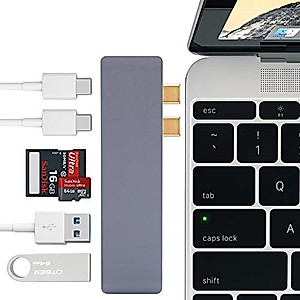 Leya-US Spare Part 6 in 1 Multi-Function Aluminium Alloy 5Gbps Transfer Rate Dual USB-C/Type-C HUB Adapter with 2 USB 3.0 Ports & 2 USB-C/Type-C Ports & SD Card Slot & TF Card Slot Compatible for