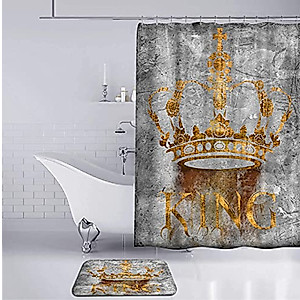 DuoBaorom 4 Pieces Set King Shower Curtain Set Abstract Golden Crown with Letter King Grey Artwork on Non-Slip Rugs Toilet Lid Cover Bath Mat and Bathroom Curtain with 12 Hooks 72x72inch
