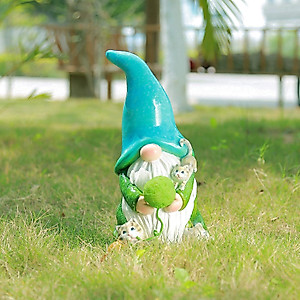 FLJZCZM Garden Statues Gnomes Decor, 10'' Gnome Cat Figurine Holding Ball with Solar LED Lights for Outdoor Indoor Patio Yard Lawn Ornament Christmas Halloween Decorations, Blue Hat