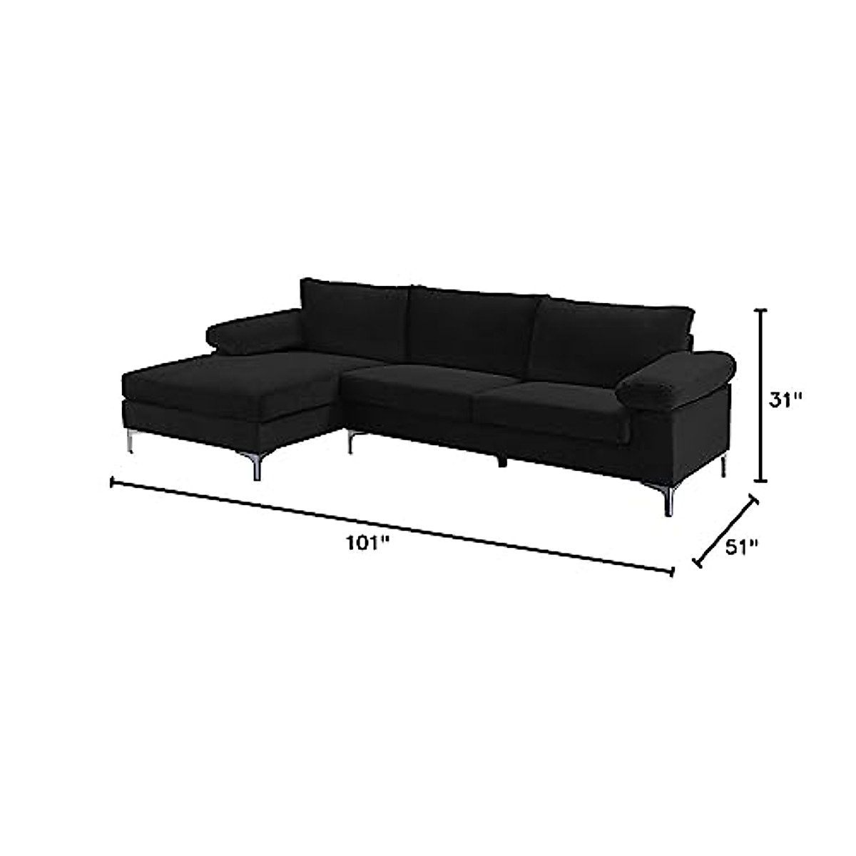 Casa Andrea Milano Modern Large Velvet Fabric Sectional Sofa, L-Shape Couch with Extra Wide Chaise Lounge, Onyx