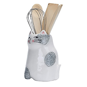 Bico Cartoon Cat Utensil Holder, Handpainted Stoneware, Dishwasher Safe
