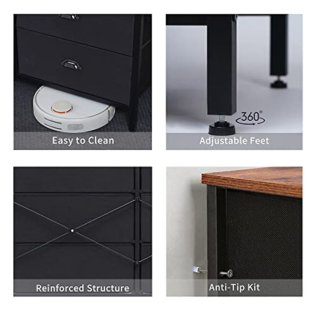 DOVAMY 6 Drawer Dresser for Bedroom, Fabric Dresser Organizer, Wide Dresser with Vintage Wooden Top, Steel Frame, Chest of Drawers, Closet, Nursery and Living Room, Black