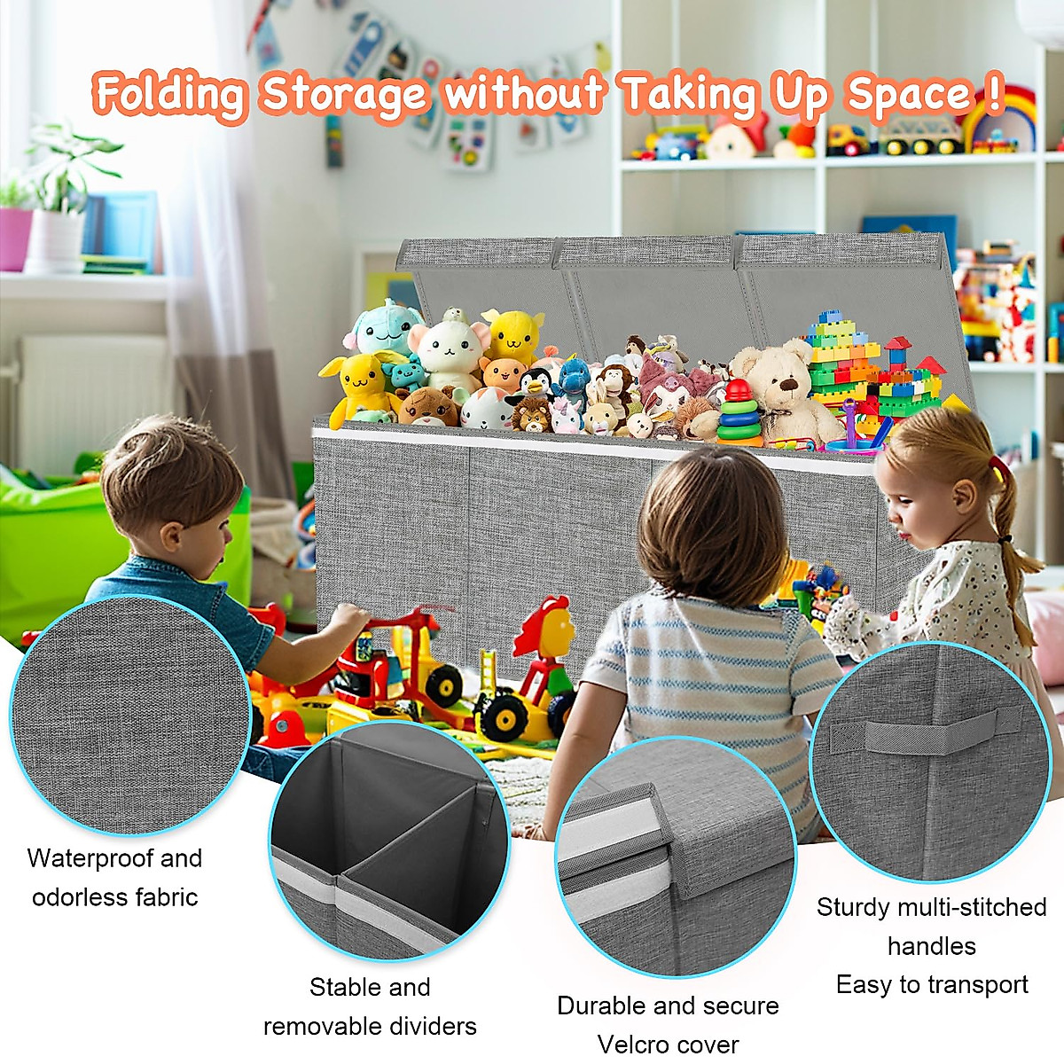 Extra Large Toy Box, Toy Storage Organizer with Lid, Oxford Fabric Collapsible Sturdy Toy Chest Bins Baskets for Livingroom,Playroom, Nursery, Bedroom, Closet (Light Grey)