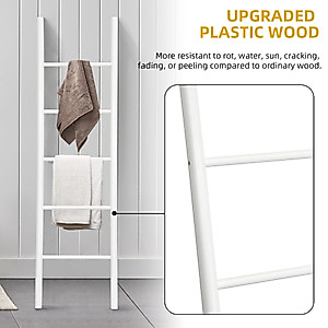DWVO 4.8Ft Poly Lumber Wall Leaning Blanket Ladders Quilt Towel Display Rack Shelf Holder, HIPS Water Resistant Rack Rustic Farmhouse (White)
