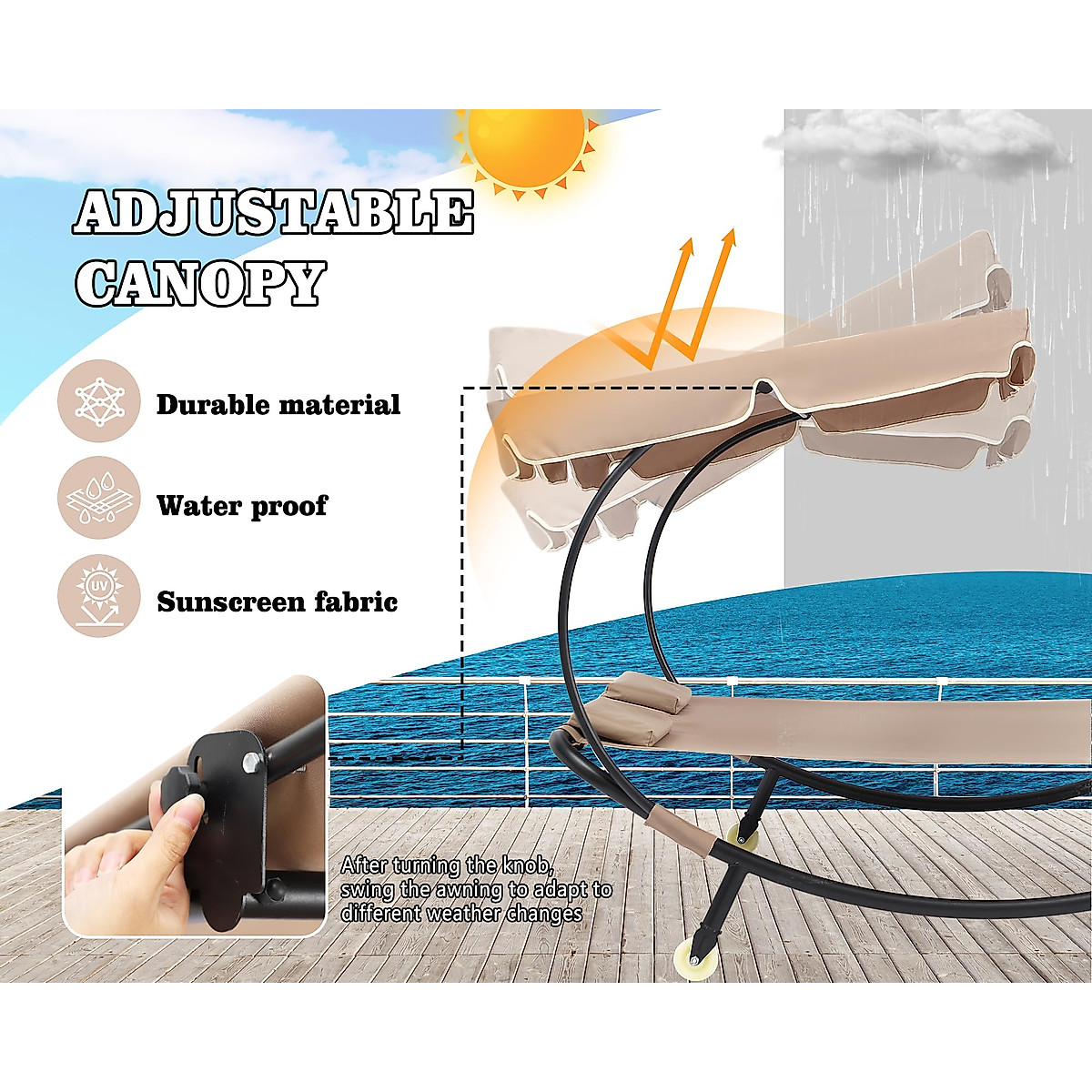 Grepatio Double Chaise Lounge Bed with Adjustable Canopy Outdoor Lounger Bed with Wheels Large Patio Hammock Daybed with 2 Pillow for Garden, or Poolside Sun Room