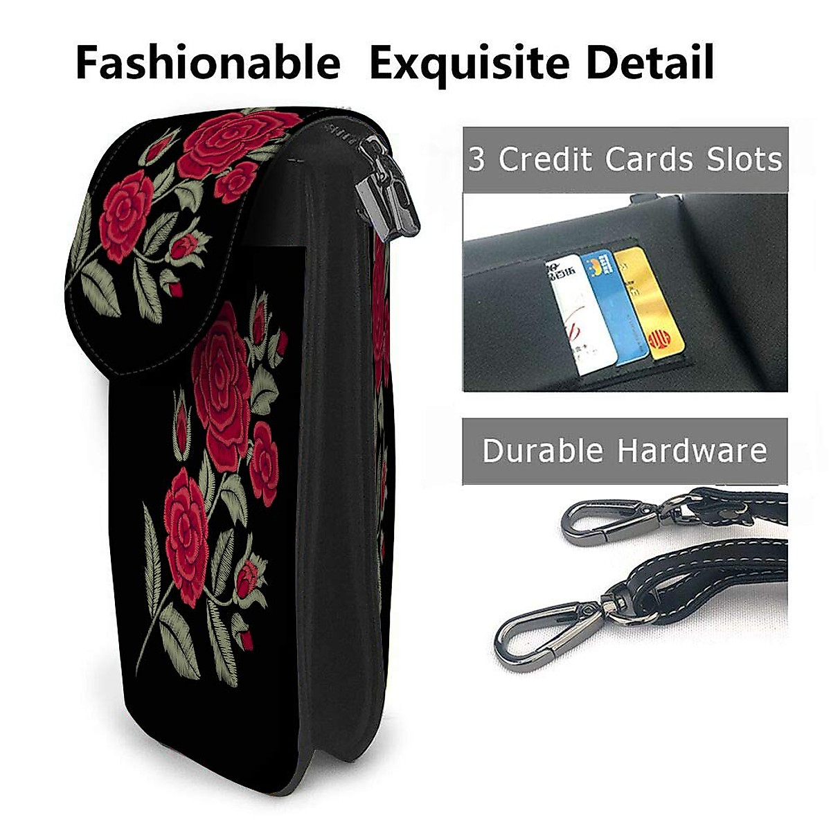 Beabes Red Rose Crossbody Cell Phone Purse Flower Floral Romantic Watercolor EmbroideryWallet Handbag