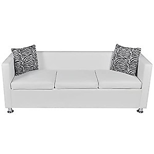 Sofa 3-Seater Artificial Leather White Living Room Home Office Furniture MDF Plywood Modern Chesterfield Upholstered Cushion Pillow, White
