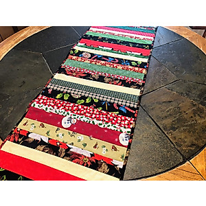 Quilted Holiday Table Runner, Jelly Roll Stripes, Rectangular, Reversible, Poinsettia Fabric, Christmas Decor, 100% Cotton