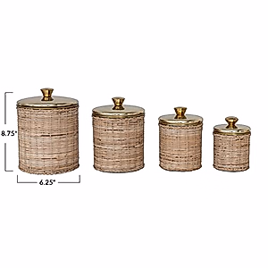 Creative Co-Op Rattan Wrapped Stainless Steel Canisters, Set of 4, Brass Finish Food Storage, 6" L x 6" W x 9" H, Natural
