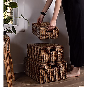 BIRDROCK HOME Seagrass Floor Baskets with Lids - Set of 3 - Brown Wash - Hand Woven Container for Blankets Pillows - Sturdy Metal Frame - Organization - Storage