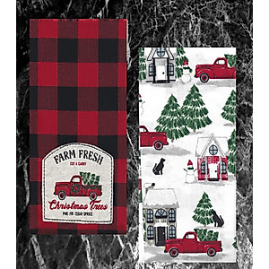St. Nicholas Square Kitchen Hand Towels, Set of 2, Farm Fresh Christmas Trees Appliqued Embroidery Red Truck, Red and Black Buffalo Plaid Flat Cotton Dishtowels for Home Decorating