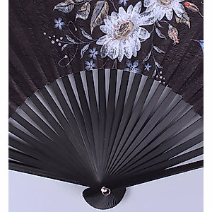 RAN Folding Fan with Floral and Bird Design, Bamboo Pocket Purse Hand Fan, Silk Fabric Handheld Fan with Fabric Pouch (Color : Multi-Colored, Size : 10.4")