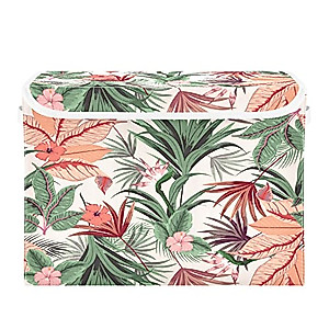 Kigai Palm Flower Storage Basket 16.5x12.6x11.8 In Collapsible Fabric Storage Cubes Organizer Large Storage Bin with Lids and Handles for Shelves Bedroom Closet Office
