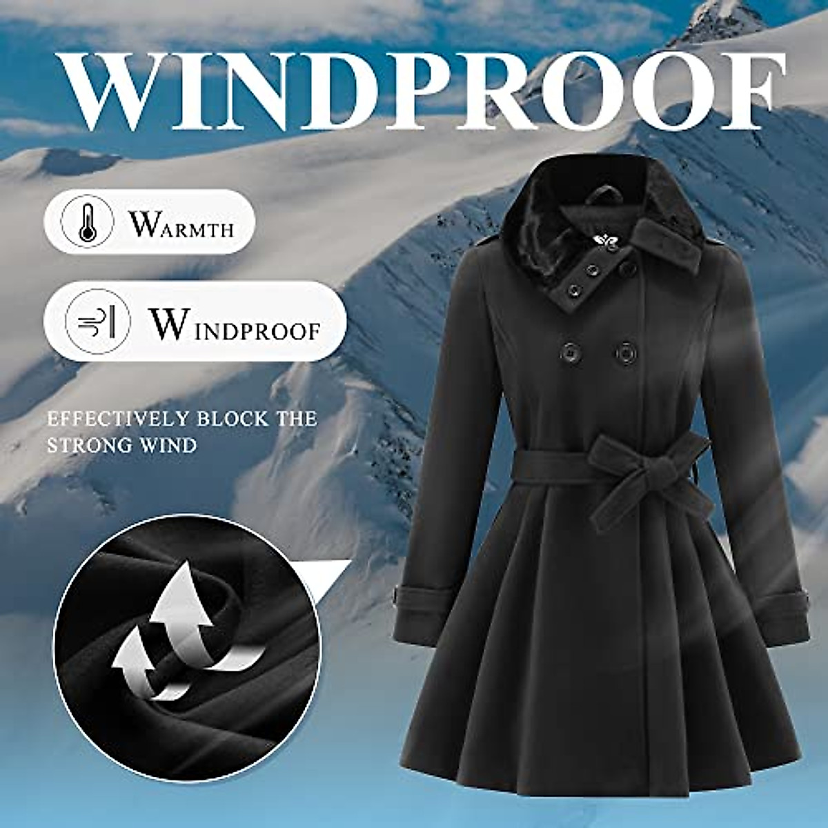 GGleaf Women's Fashion Faux Fur Lapel Double-Breasted Thick Woolblend Trench Coat Black X-Large