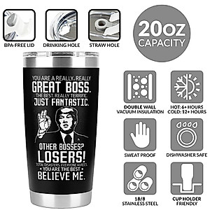 Tinasona Black Best Boss Gifts for Men Women You’re A Great Bosses Tumbler 20 Oz Cup Birthday Christmas Gifts for Boss Day Funny Coffee Mug Cup