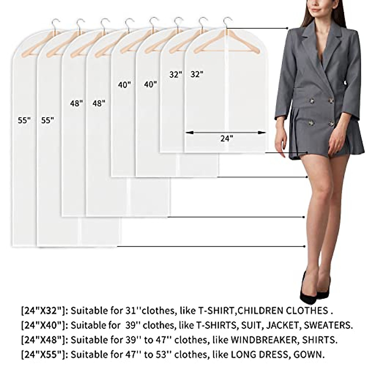 OUPAI Garment Bag for Hanging clothes, 40 inch Clear Full Zipper Suit Bags Breathable Dust Garment Cover for Closet and Cloth Storage Dustproof Closet Storage and Travel- 24'' x 40'' /10 Pack