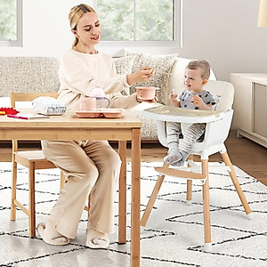 BABY JOY Baby High Chair, 6 in 1 Convertible Wooden High Chair for Babies & Toddlers with Adjustable Legs, Double Removable Tray, Safety Harness & Waterproof PU Cushion (Beige)