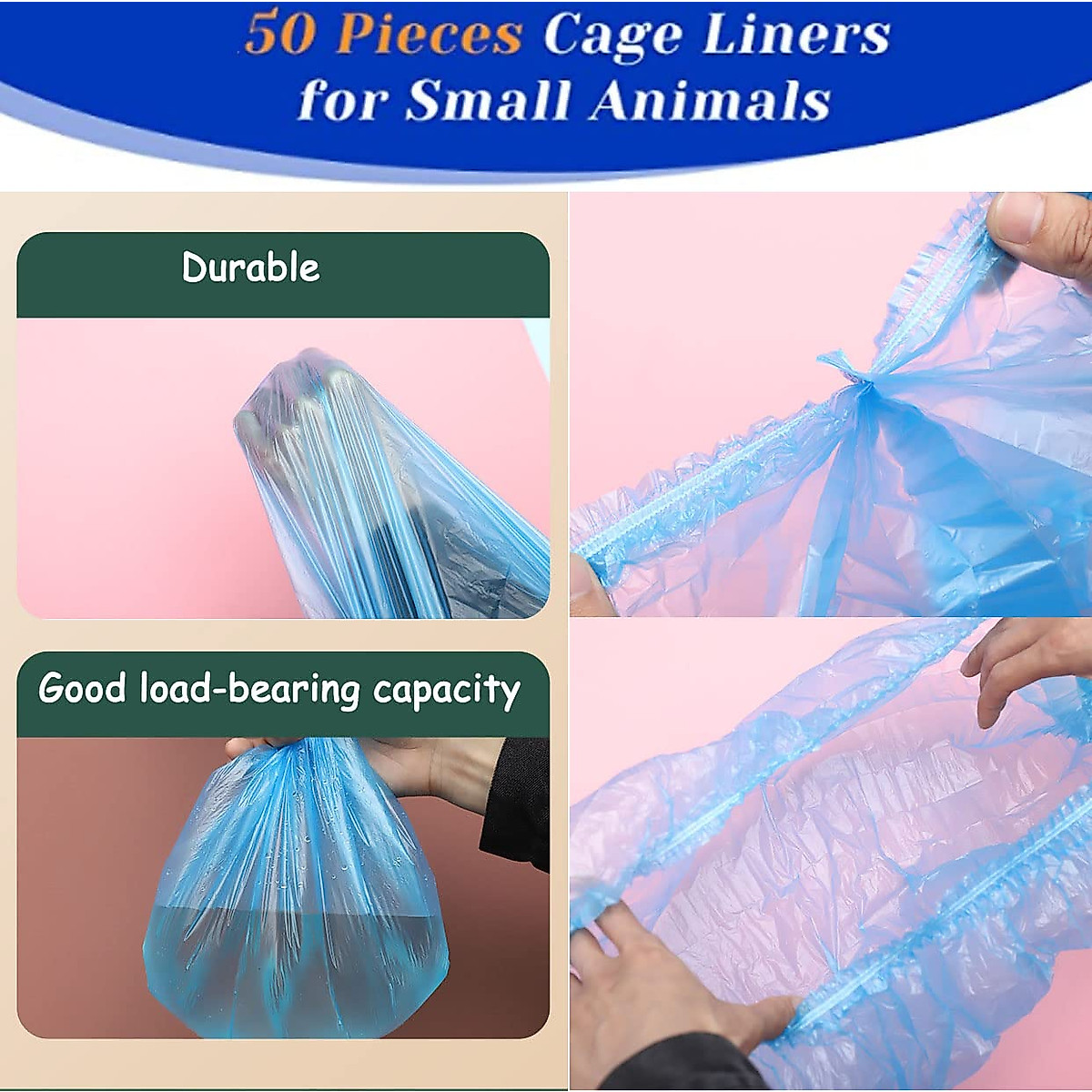 50Pcs Cage Liners for Small Animals-Upgrade Blue Disposable Rabbit Cage Liner Plastic Guinea Pig Cage Bedding Hamster Litter,Leak Proof Cage Liner Bag Toilet Film for Bunny Hamster Hedgehog Cage