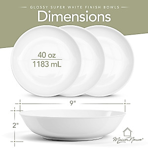 Maison Neuve Premium Porcelain White Dinner Bowls [Set of 4]- 40oz Dinnerware Kitchen Bowls For Soups, Noodles, Pasta, Salads, Desserts- Durable Dishwasher-Safe 9” Serving Bowls- Super White