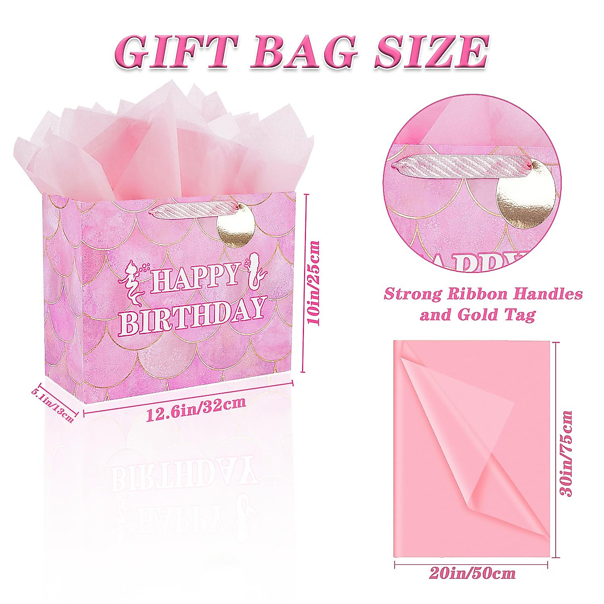 Jaywayang 12.6" Large Pink Mermaid Happy Birthday Gift Bag with Card, Tissue Paper and Tag for Kids Girls Birthday Party.