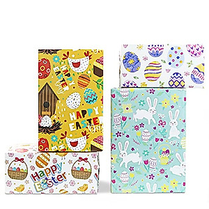 Easter Wrapping Paper,4 Sheets 4 Designs Bunny Eggs Chicken Gift Wrapping Paper,20 x 28 Inch Funny Cute Pattern Gift Wrap With Ribbon For Easter Spring Birthday Holiday Baby Shower Party All Occasion