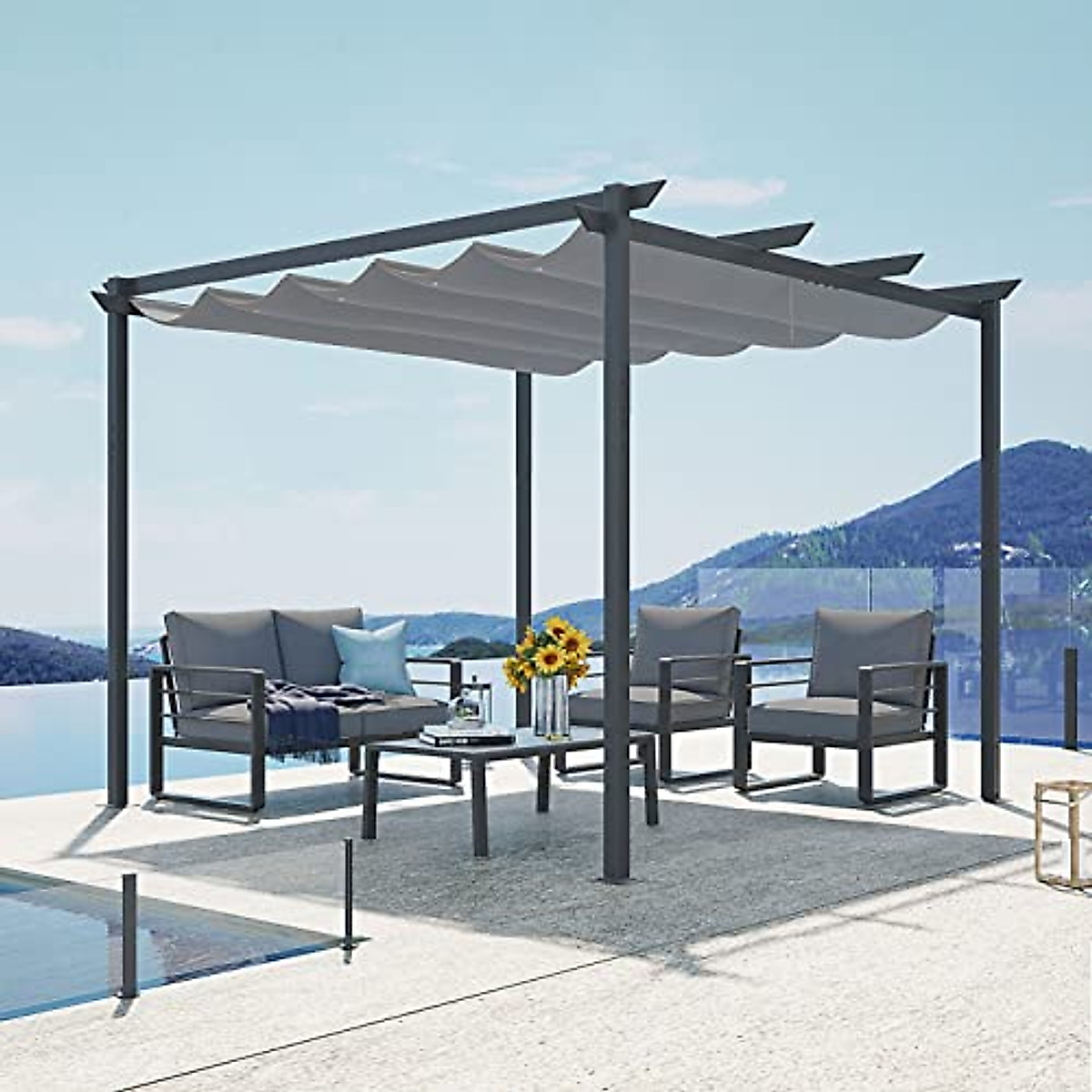 Patiorama 10’ x 10’ Outdoor Retractable Pergola with Sun Shade Canopy, Dark Gray Patio Aluminum Shelter Grape Trellis, Patio Gazebo Pergola, Large Pavillion Grill for Garden Porch Yard BBQ (Gray)