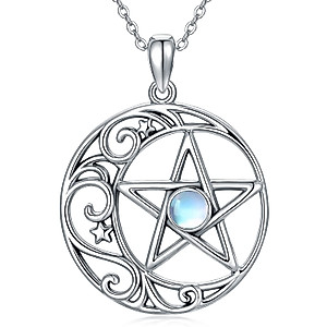URONE Pentagram Crescent Moon Necklace Sterling Silver Pentacle Moonstone Pendant Wicca Jewelry for Women