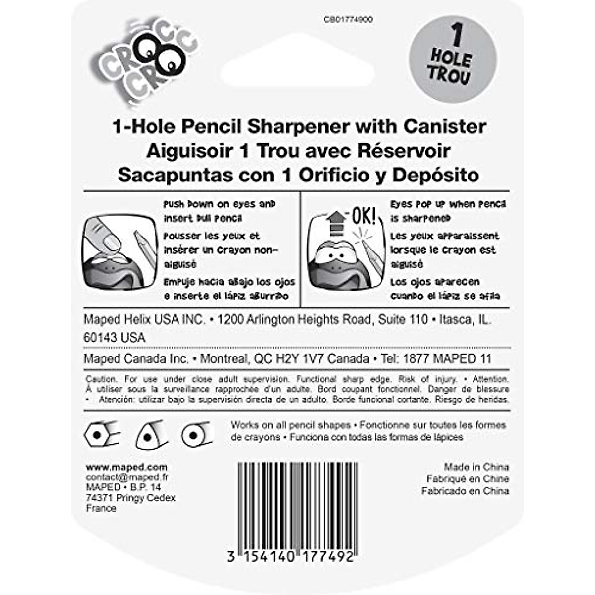 Maped Croc Croc Signal 1 Hole Pencil Sharpener, Assorted Colors (017749)