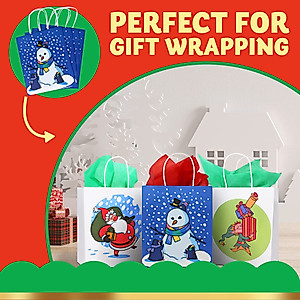 JOYIN 24 Christmas Kraft Paper Gift Bags with Handles Blue and White with Assorted Christmas Prints for Holiday Christmas Goody Bags, Xmas Gift Bags, School Classrooms and Party Favors