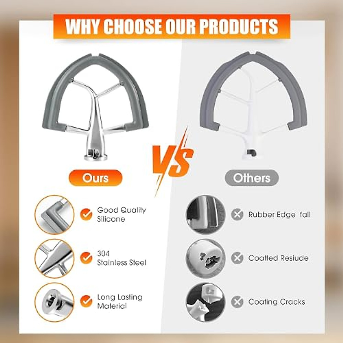 Flex Edge Beater For KitchenAid 4.5-5 Quart Tilt-Head Stand Mixer,Stainless Steel Kitchenaid Paddle Attachment with Silicone Edge Scraper,Kitchen Aid Mixer Accessory Replacement Parts