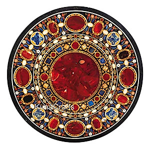 48 x 48 Inches Antique Pattern Inlay Work Meeting Table Top for Office Decor Round Shape Black Marble Dining Table with Elegant Look