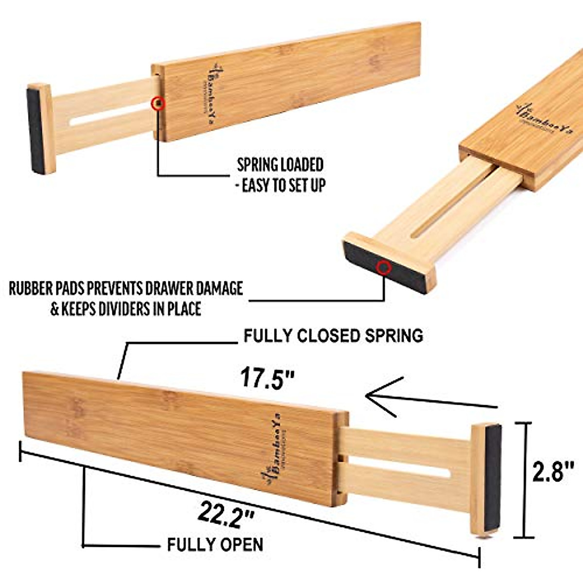 BambooYa Adjustable Premium Bamboo Drawer Divider Organizers | Expandable Spring-Loaded Drawer Separators | Best for Bathroom, Kitchen, Office, Dresser, and Bedroom | (4 Pack, Fully Closed 17.5in" - Fully Open 22.2"in) Made for larger drawers