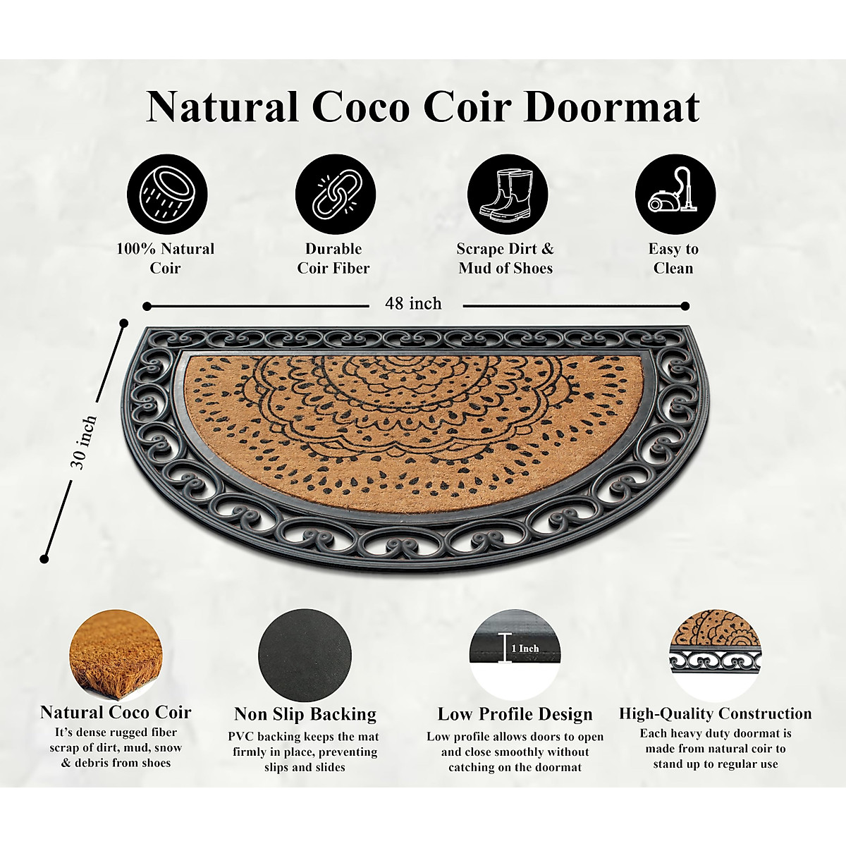A1 Home Collections A1HOME200131 Heavy Duty Welcome Doormat A1HC Natural Coir & Rubber Round Door Mat, 30" X 48", Half Circle Paisley Black