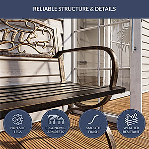 BELLEZE Outdoor Bench, 50-inch Patio Garden Bench, Cast Iron Metal Loveseat Chairs, for Park, Porch, Lawn, Balcony, Backyard, Garden Accessories, Welcome Design, Bronze