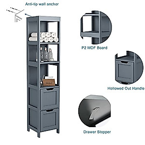 HOMEFORT Bathroom Storage Cabinet, Slim Tall Cabinet, Narrow Floor Cabinet Organizer, Wooden Linen Tower with 2 Drawers and 3 Shelves, Freestanding Storage Cupboard (Grey)
