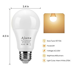 Ajuns Dusk to Dawn LED Light Bulb, Sensor Light Bulb 5W E26 Automatic On/Off Light, Porch Garage Courtyard Balcony Lighting Bulb 2700K Warm White 2Packs