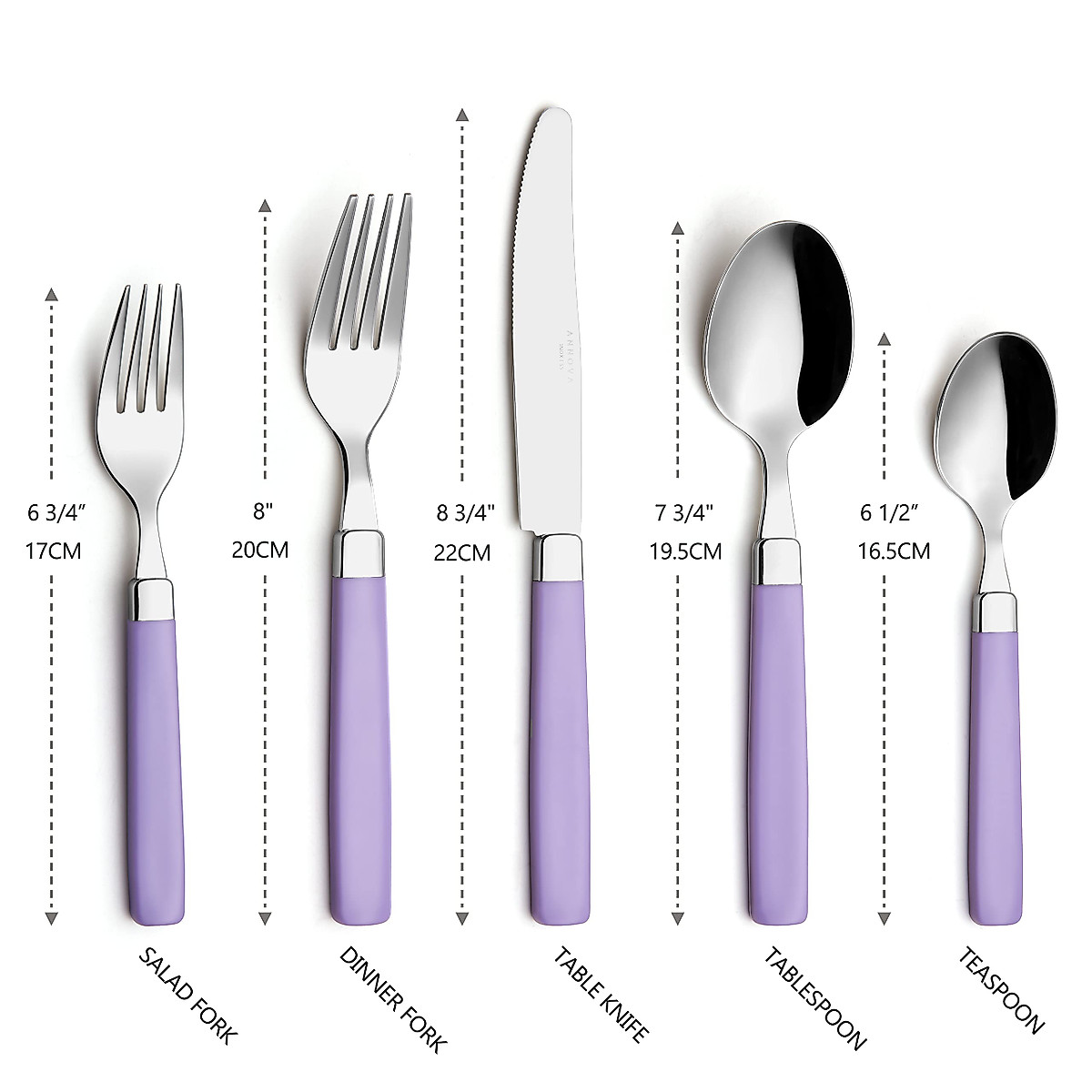 ANNOVA 20 Pieces Stainless Steel Flatware/Cutlery Set - Color Handles - 4 x Dinner Forks, 4 x Salad Forks, 4 x Dinner Knives, 4 x Dinner Spoons, 4 x Dessert Spoons - Service for 4 (Lilac, 20 Pieces)