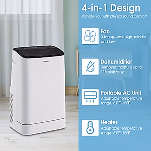 COSTWAY 15000 BTU Portable Air Conditioner, with Heat, Auto Swing 4-in-1 AC Unit for Rooms up to 800 Sq.Ft, with Built-in Dehumidifier, 24H Timer, Remote Control/APP Control & Window Kit