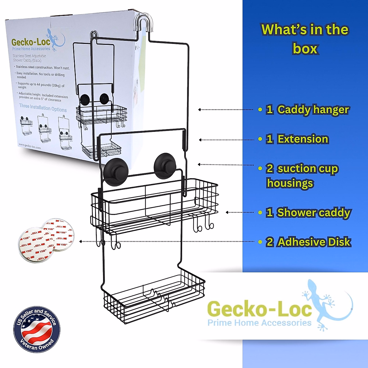 Gecko-Loc Extra Long Wide Adjustable Length over the showerhead hanging shower caddy organizer - for Shampoo, Soap, & Razors - Black