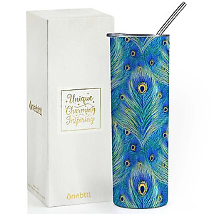 Onebttl Peacock Skinny Tumbler Gifts For Women, Female and Her - Peacock Feather - 20oz/590ml Stainless Steel Insulated Tumbler with Straw, Lid - Gift for Peacock Lovers