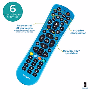 Philips Universal Remote Control, Universal TV Remote Replacement, Samsung TV Remote Control Universal, for Roku Remote Replacement, Vizio, LG, Sony, Apple TV, Smart TVs, 6 Device, Blue, SRP6249B/27