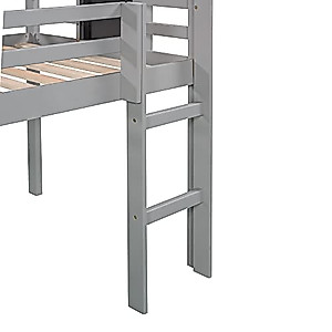 LostCat Twin Loft Bed with Slide, Wood Twin Bed Frame for Kids with Slide, Low Loft Bed with Stairs and Chalkboard, Space-Saving Wooden Child Bed Frame for Boys or Girls, Grey