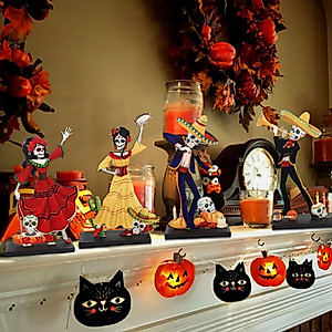 4 Pieces Day of The Dead Table Top Decorations Wooden Halloween Sign for Mexican Fiesta Decorations,Dia De Los Muertos Centerpieces for Table