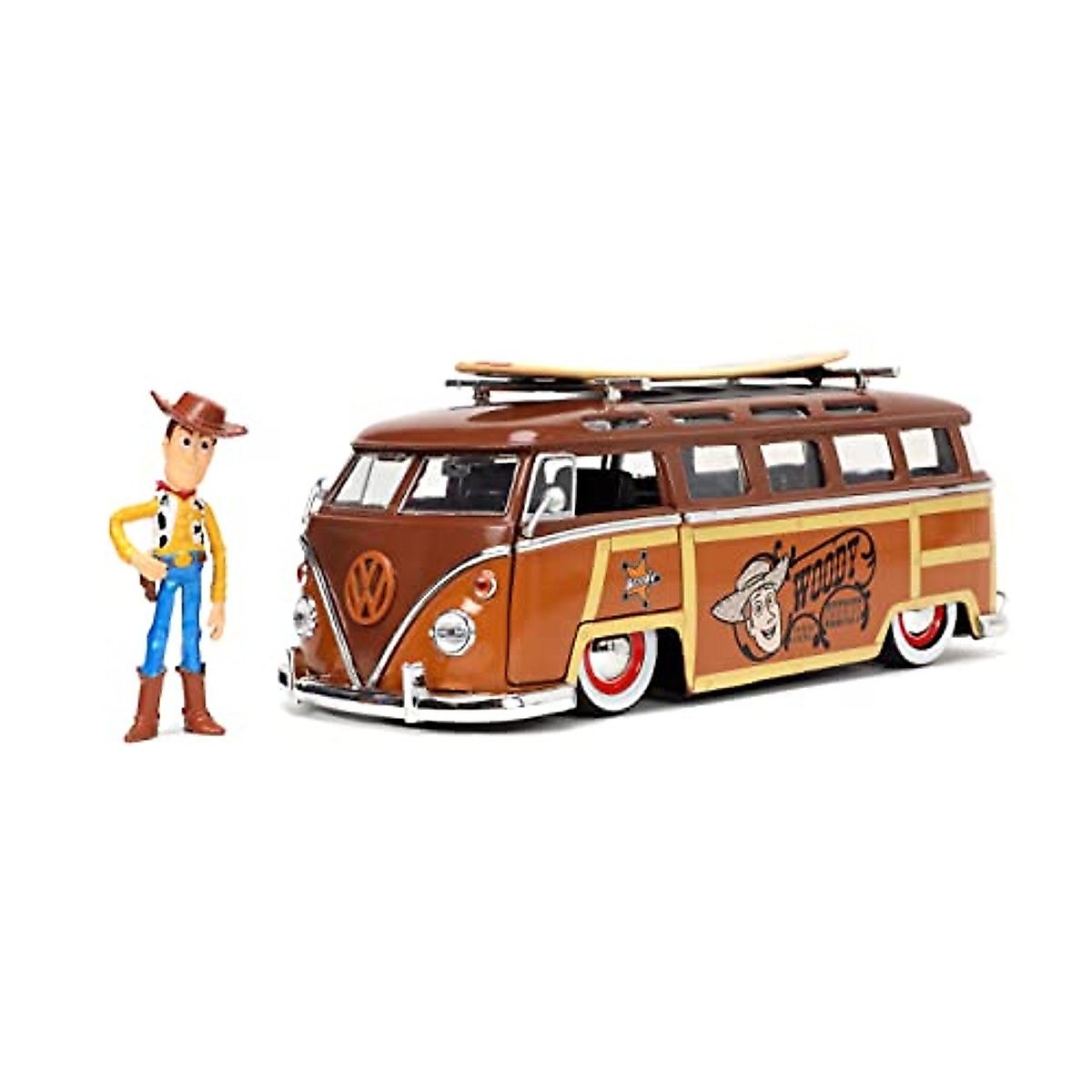 Jada Toys Disney Pixar Toy Story 1:24 Volkswagen T1 Bus Diecast Vehicle & 2.75" Woody Figure, Brown