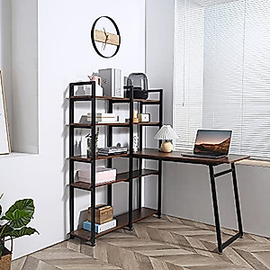 HOMCOM 5 Tier Versatile L-Shaped Computer Desk, Writing Table with Display Shelves and Metal Frame, Space-Saving for Study, Home Office, Walnut